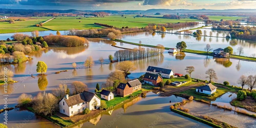 Flooded countryside landscape with submerged fields and houses ...