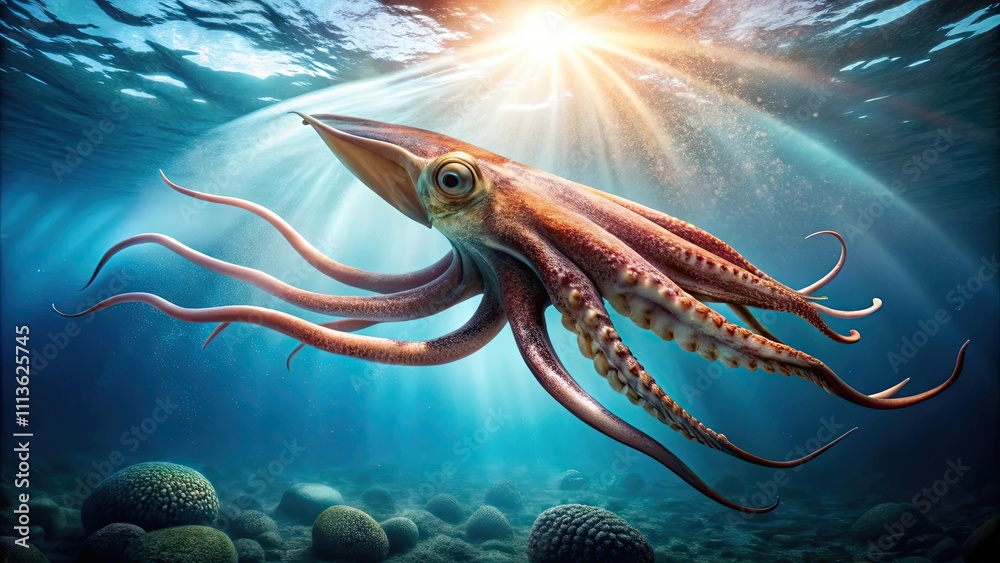 Giant deep sea squid swimming gracefully underwater, deep sea, squid ...