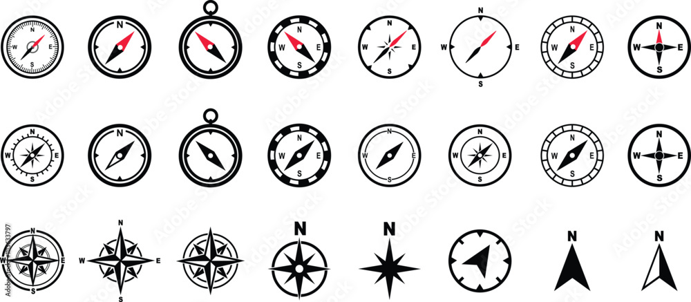 Monochrome navigational compass set with cardinal direction of North ...