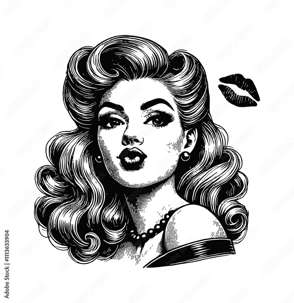 glamorous pin-up girl with vintage wavy hair, making a playful kissing ...