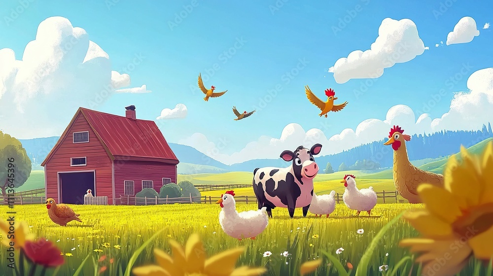 Cartoon image of farm animals with birds, cows, sheep, ducks and ...