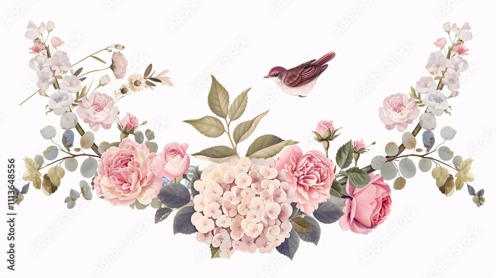 Floral Round Frame with Robin Bird: Vector design featuring a round ...