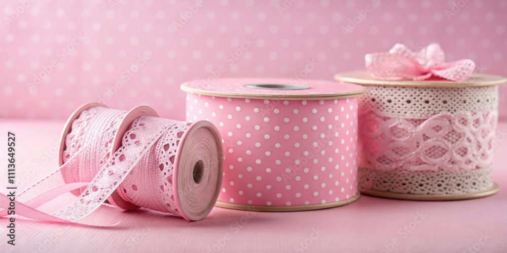 Soft pink lace ribbon on a floral spool and pink polka dot iron box for ...