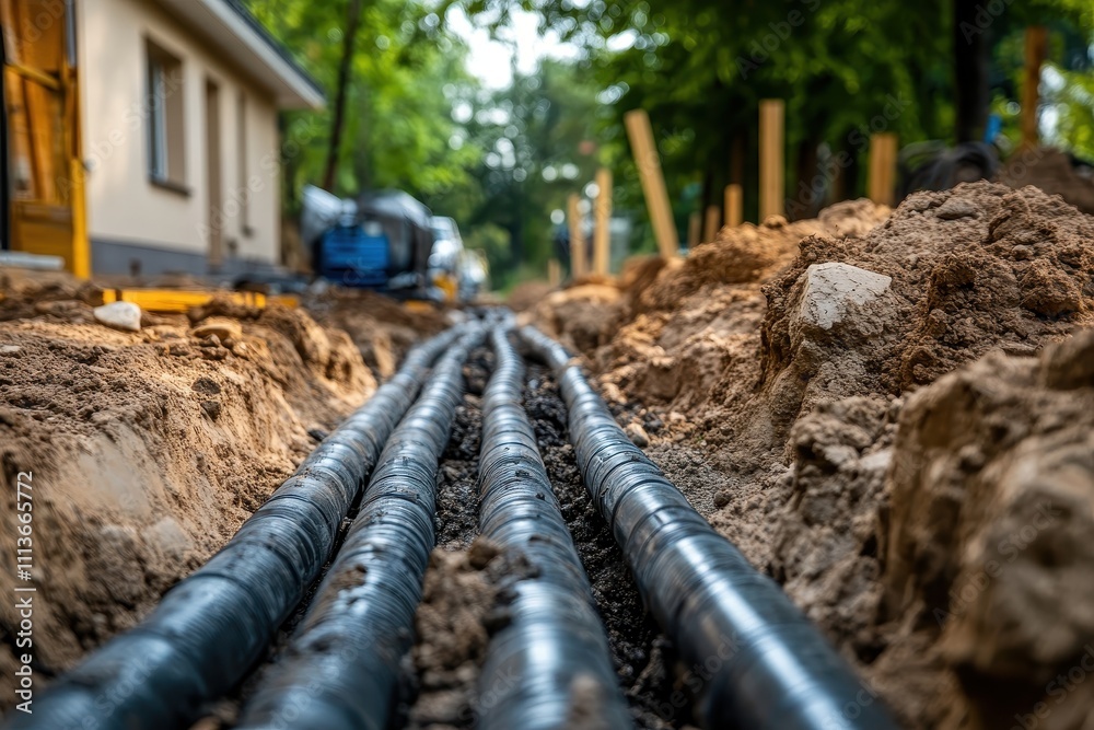 Underground cables in a trench during construction. Illustrates utility ...