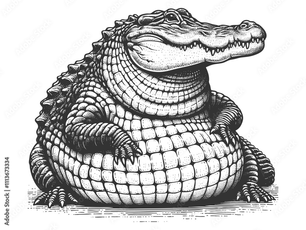 Fat plump alligator sitting upright, showcasing detailed scales and a ...