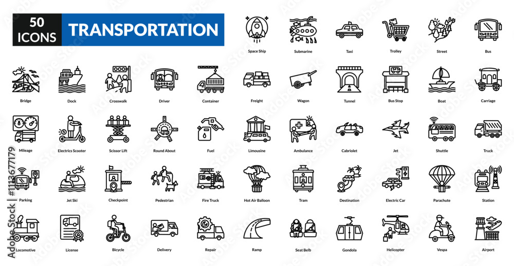 Transportation line icon collection set. Includes vehicle, logistics ...