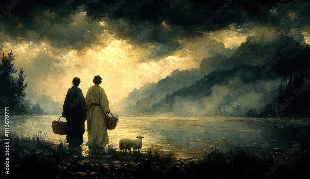 Biblical Scene of Cain and Abel Offering Sacrifices in Jealousy and ...