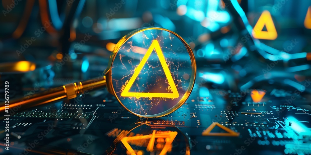 Warning Alert System Concept with Magnifying Glass Focused on Yellow ...