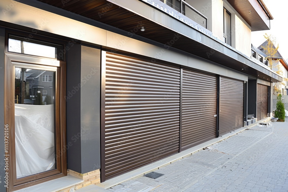 Brown automatic roller shutter doors on the ground floor of the house ...