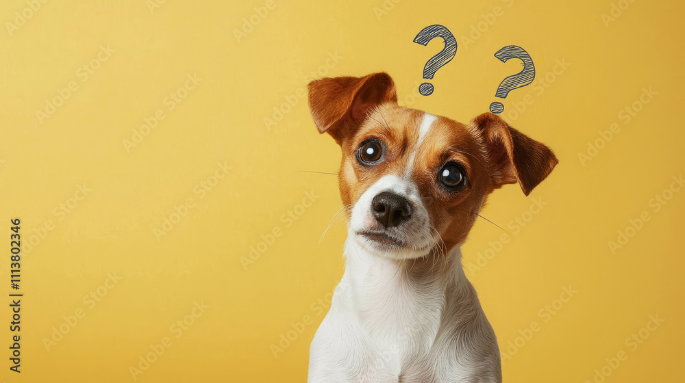 Cute confused dog with question marks on yellow background Stock Photo ...