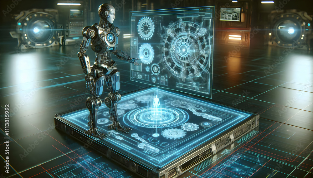 AI Robot Background A cybernetic robot displaying futuristic mechanical blueprints on a floating ...