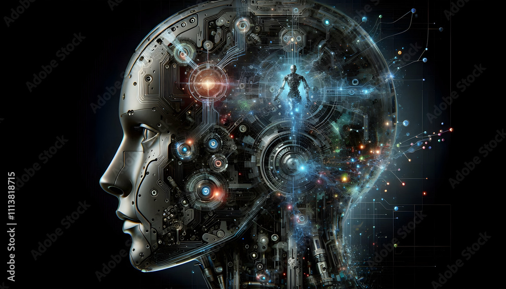 AI Robot Background A robot head with intricate internal systems ...