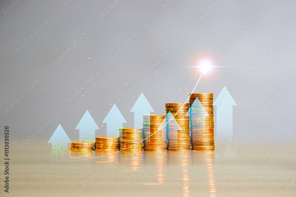 Gold Coins are laid out in graph Arrows shooting up. Growing power of ...