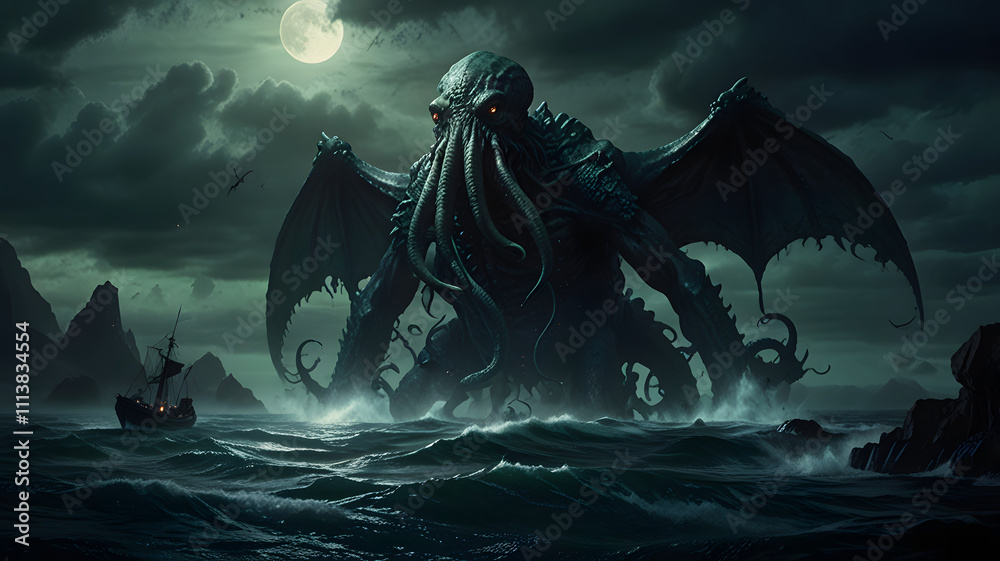 Dark fantasy scene showing Cthulhu the giant sea monster with Feathers ...