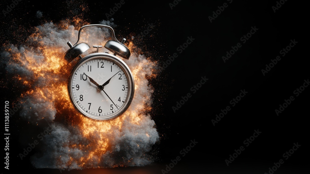 A classic alarm clock, detailed prominently with its hands and numbers ...