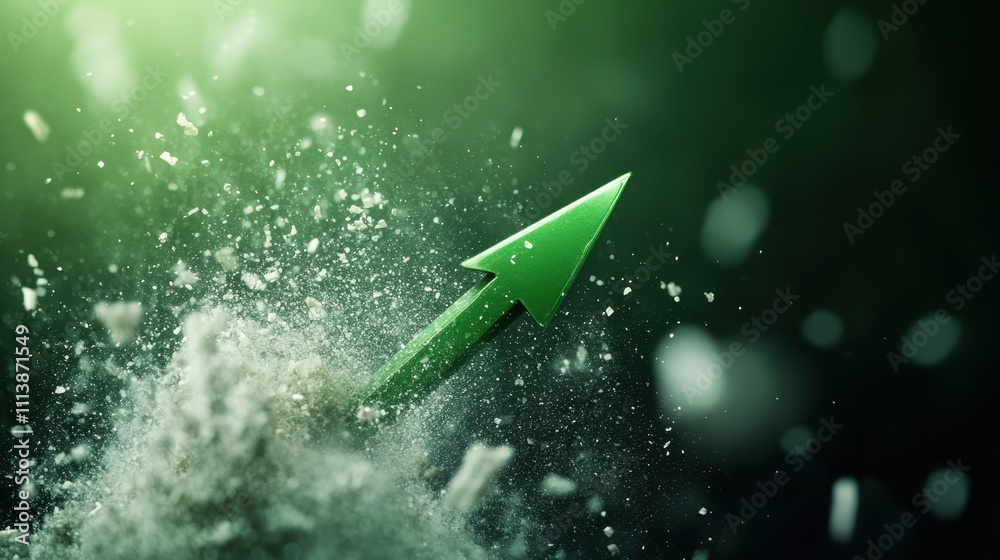 Explosive scene of a green arrow shattering through dust and debris ...