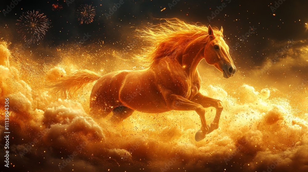 Fiery Red Horse Galloping with Gold Dust and Fireworks. Generative AI ...