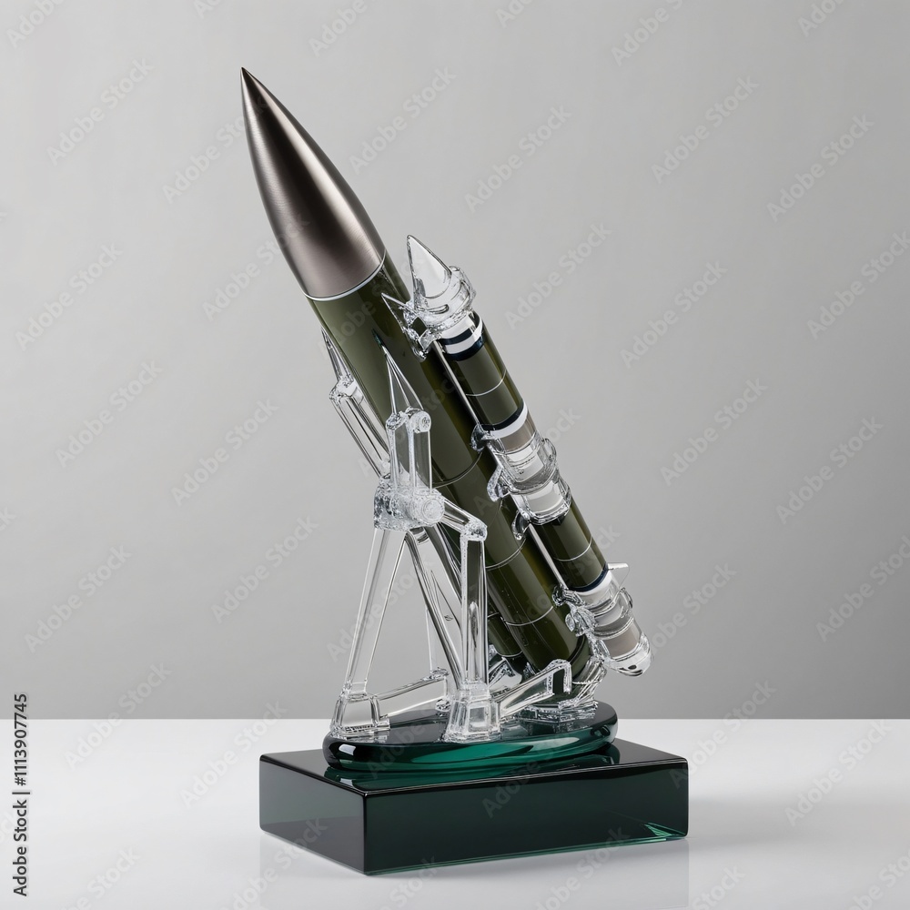Glass sculpture of Barrage Rocket System weapon, green to gray gradient ...