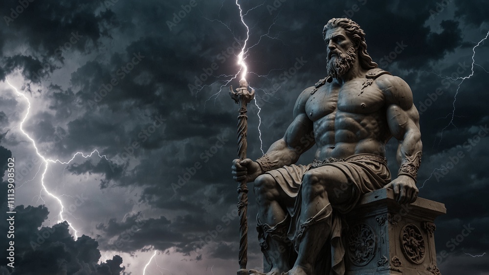 Statue of Zeus, holding a thunderbolt, set against a sky full of ...