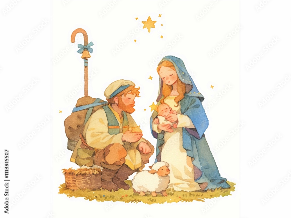 Nativity scene with Mary, Joseph, baby Jesus, a shepherd, and lambs ...