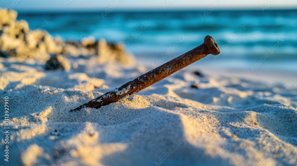 Ancient harpoon resting on sandy beach, partially buried with weathered ...
