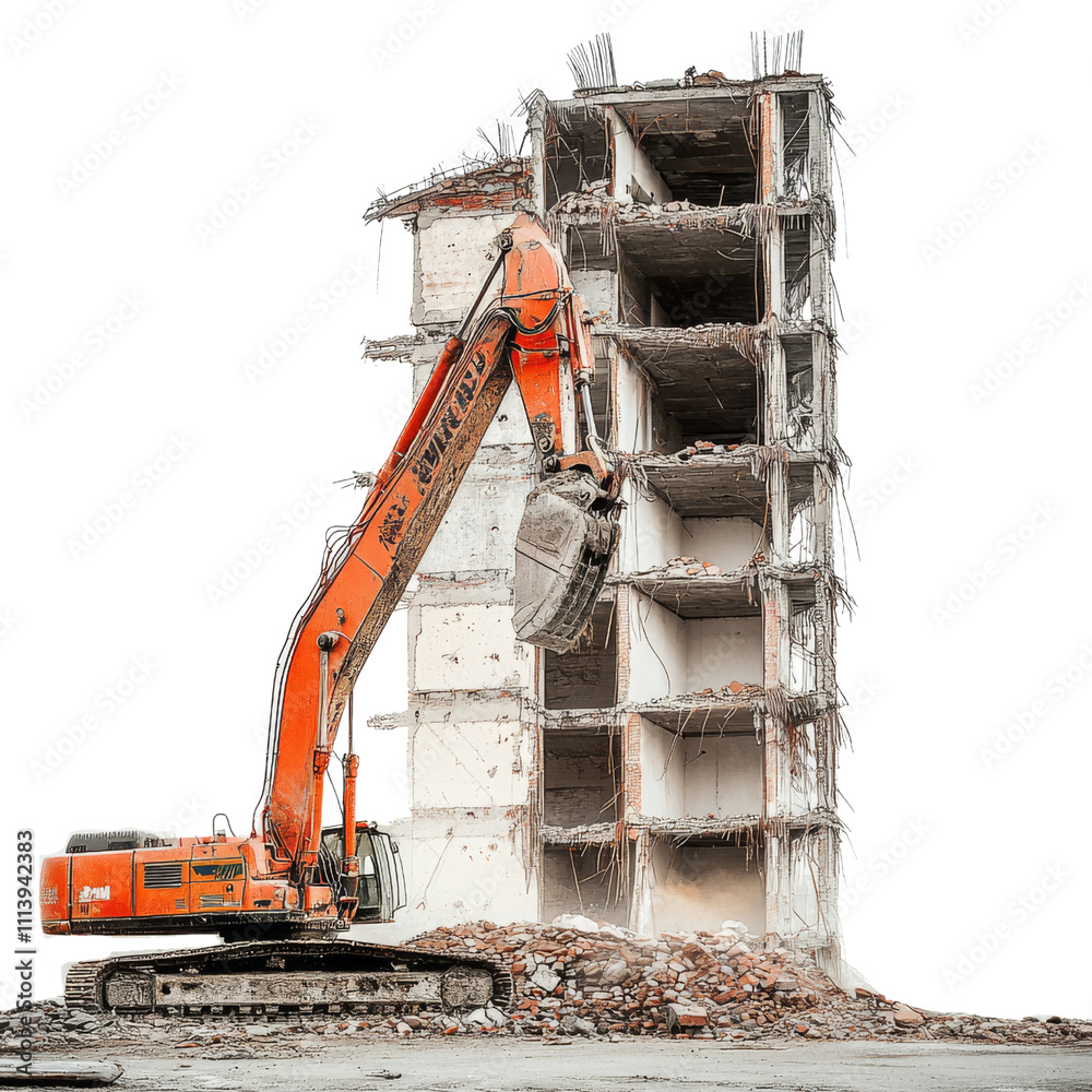 Demolition of concrete building with excavator, showcasing destruction ...