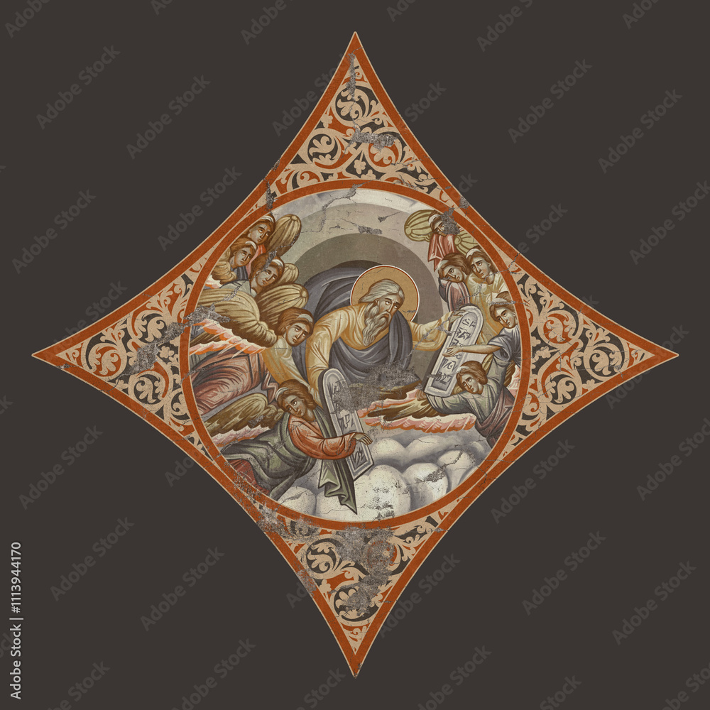 Decorative vintage element with Bible scene- Prophet Moses accepts Law ...