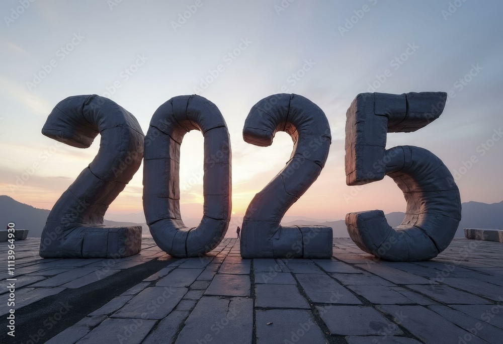 2025 formed from towering inflated letters on a stone plaza at sunset ...