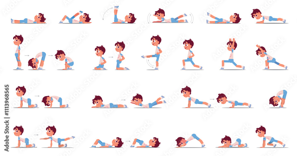 The little boy is exercising. Big set of back exercises. Physical ...