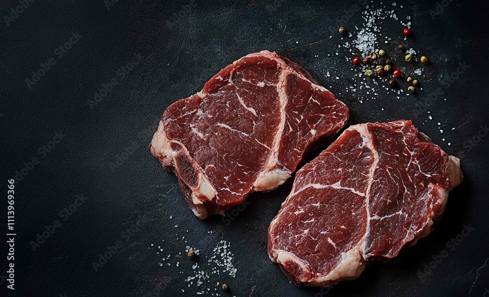 Dry Aged Beef, Two raw pork shoulder cuts, showcasing marbled meat with ...