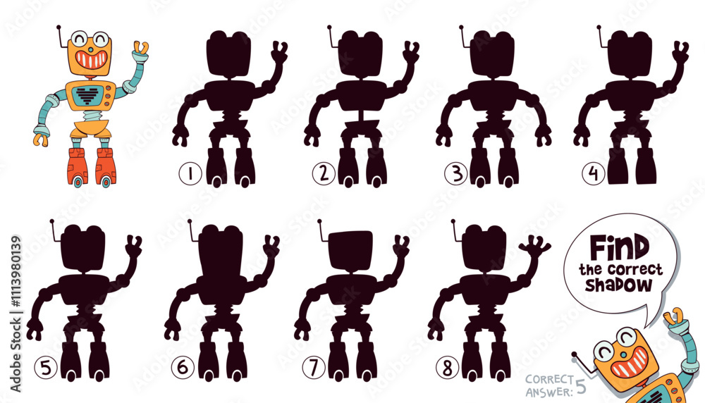 Vector de Stock Find the correct shadow. Retro robot. Funny cartoon ...