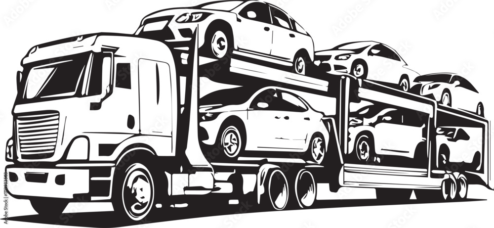 Car carrier trailer side view. Black and white illustration. Car hauler ...