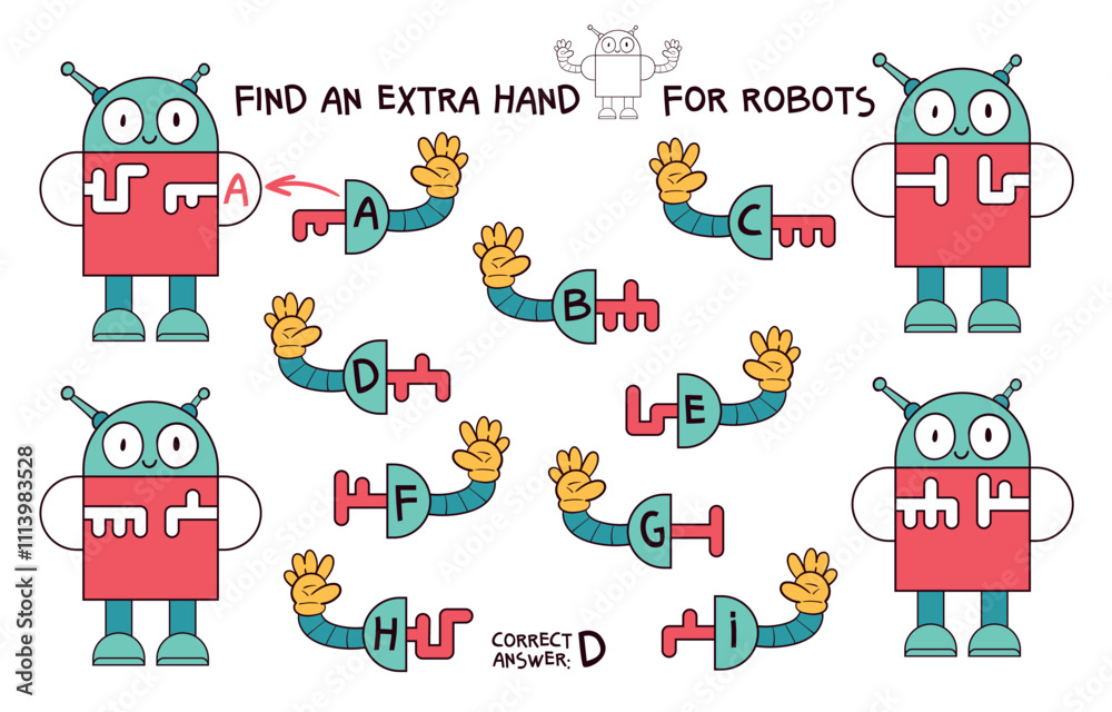 Find an extra hand for robots. Matching game. Educational game for ...