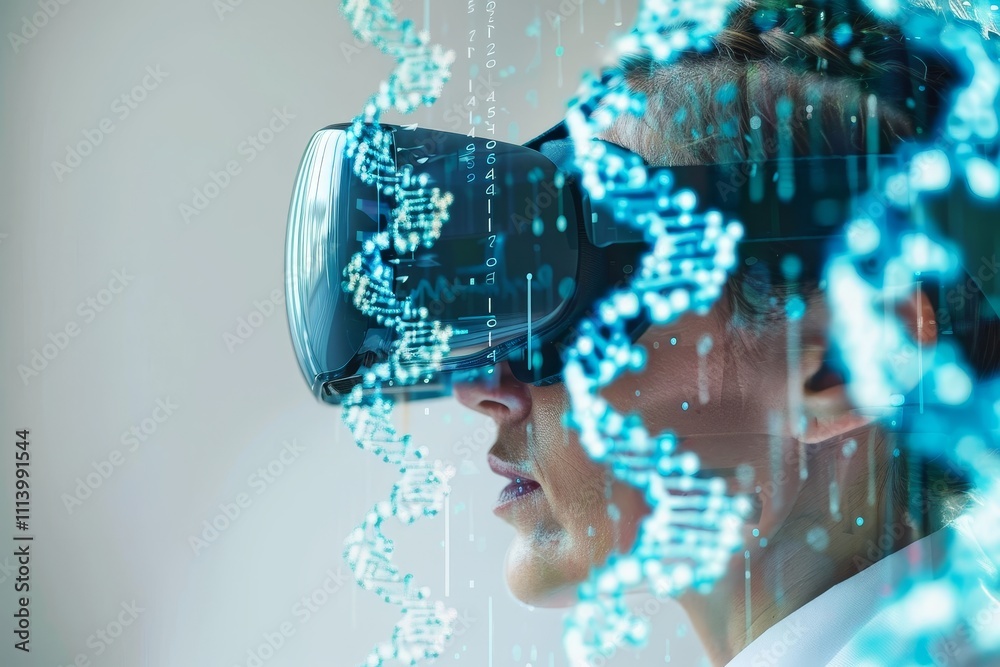 DNA being manipulated by virtual reality, A woman engaging with virtual ...