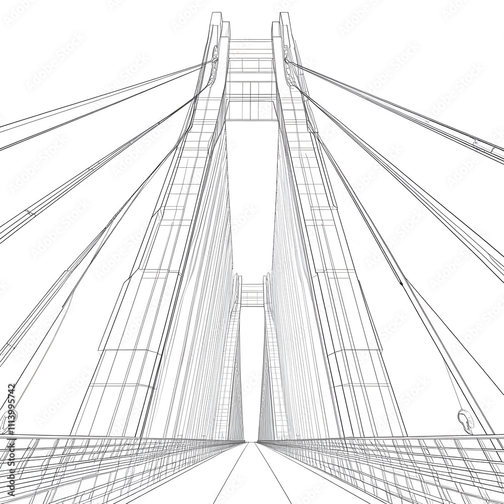 Technical CAD line drawing of a suspension bridge, showing the tension ...