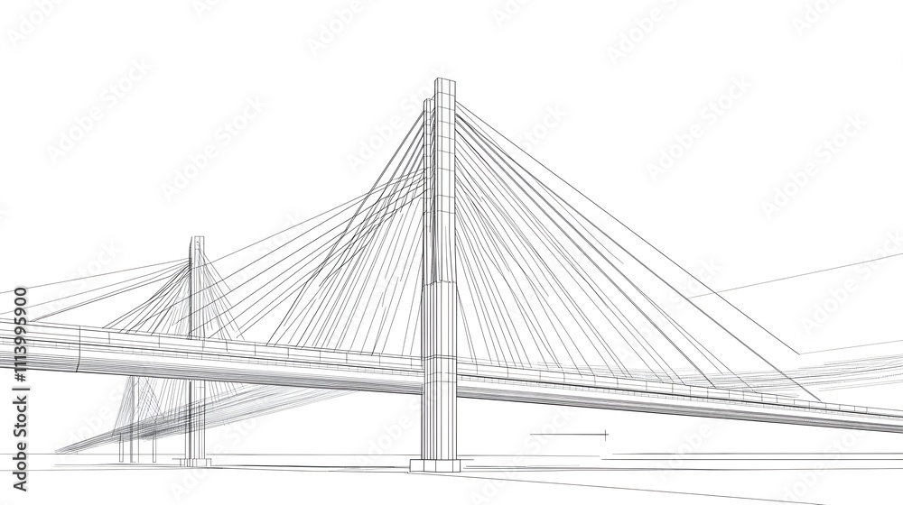 Technical CAD line drawing of a suspension bridge, showing the tension ...