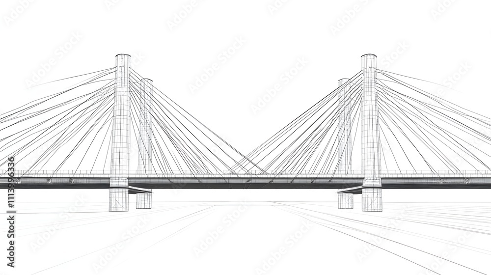 Technical CAD line drawing of a suspension bridge, showing the tension ...