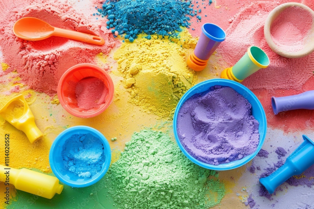Colorful sensory sand in blue, red, and yellow containers with scoops ...