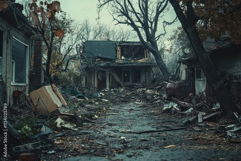 Destroyed houses after a natural disaster. Depicts devastation and the ...