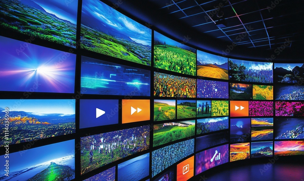 Streaming and social media concept with multiple digital screens ...
