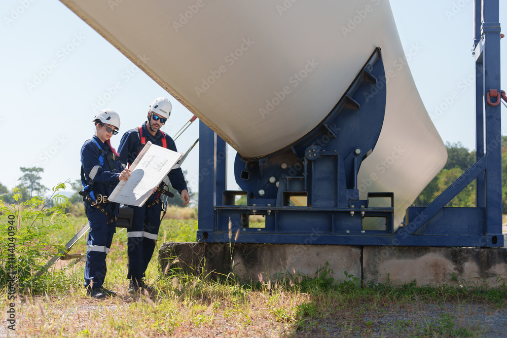Engineers in safety gear conduct a detailed inspection of wind turbine ...