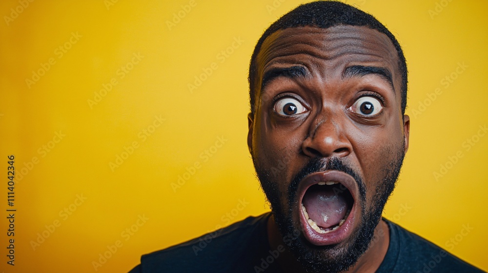Shocked expression of a man with open mouth and wide eyes in a simple ...