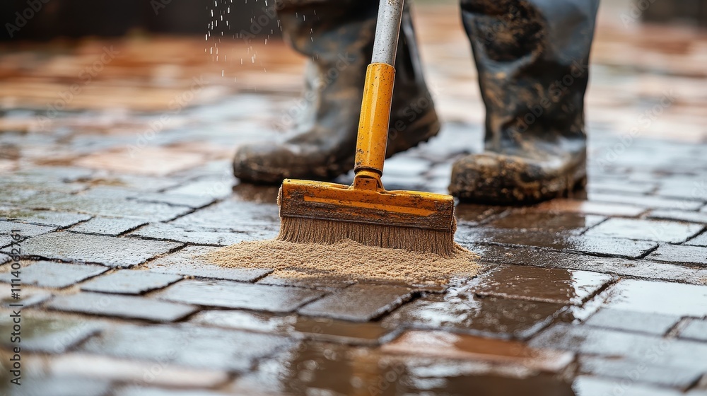 Worker spreading sand on wet paving stones using a brush. This image ...