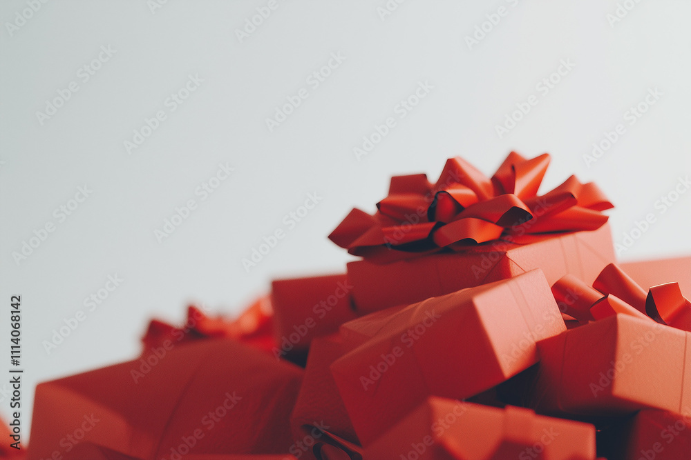 Mountain of red gift boxes on white background. A pyramid of Christmas ...