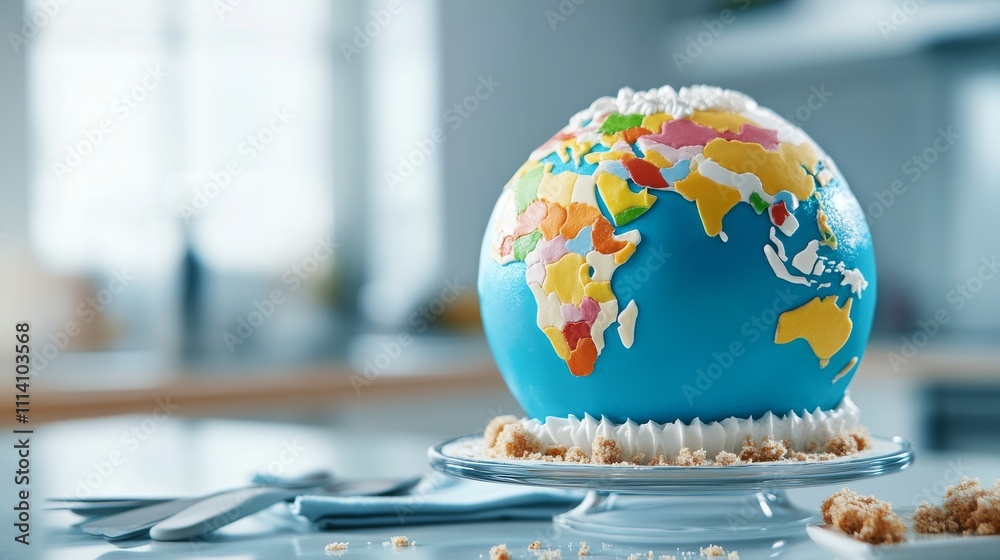 Globe-shaped cake with vibrant icing of continents and oceans Stock ...