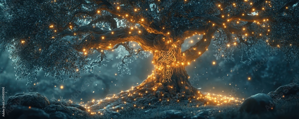 Yule Tree Decorated with Viking Runes and Lights Symbolizing Pagan ...