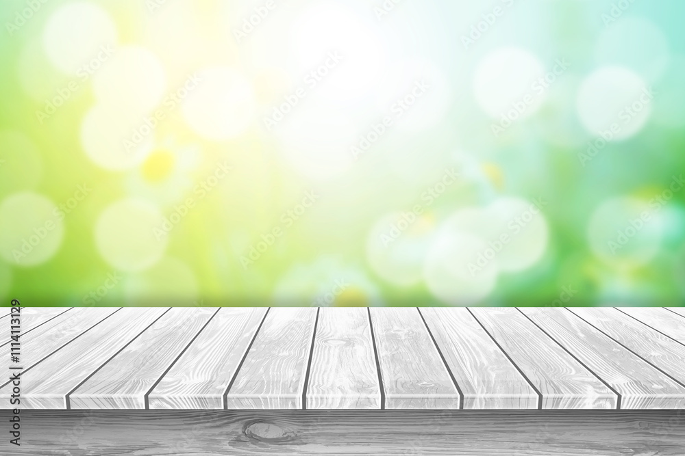 Wood table counter on blur curtain window in fresh morning background ...