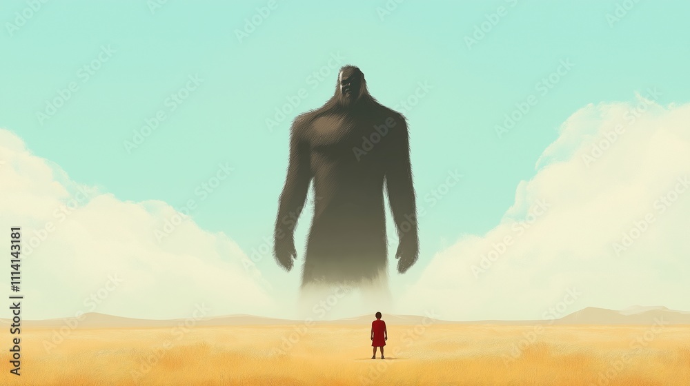 Young Warrior Facing Giant Colossus in Surreal Desert Landscape with ...