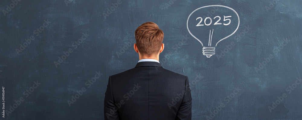 Business plan 2025 and marketing concept. Man in suit looking at chalkboard with a light bulb ...
