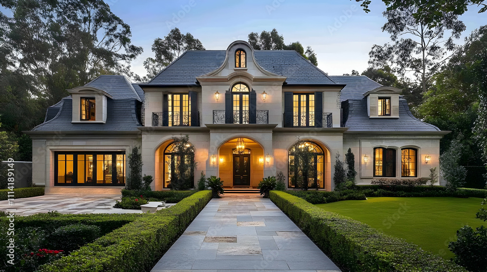 Romantic French Provincial Chateau with Mansard Roof and Formal Gardens ...